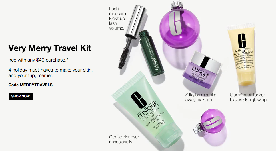 CLINIQUE CANADA HOLIDAY PROMO CODE: Free Very Merry Travel Kit w/ Purchase